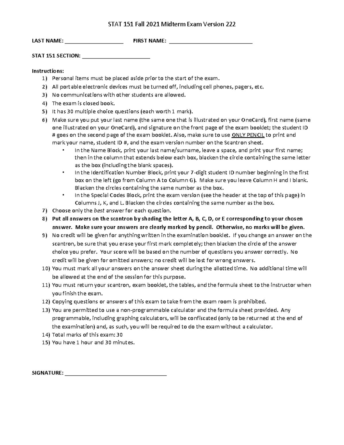 STAT 151 Fall 2021 Midterm - V222 - Answers - LAST NAME: ___________________ FIRST NAME: - Studocu