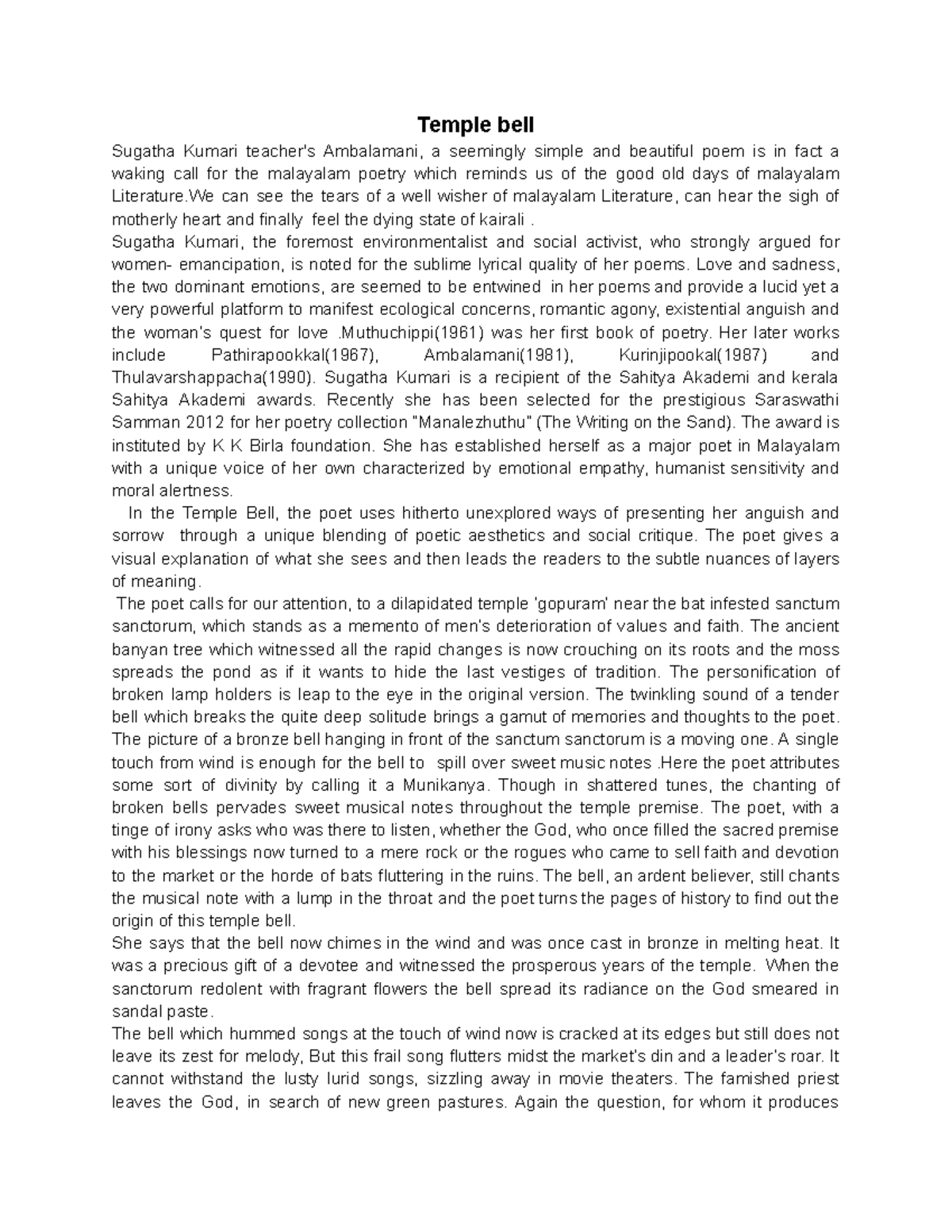 Temple Bell - Temple bell Sugatha Kumari teacher's Ambalamani, a ...