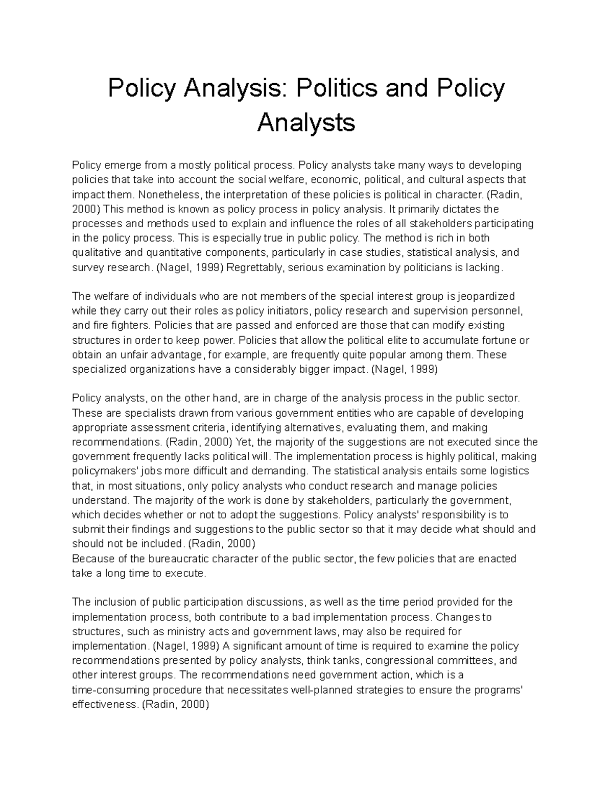 Policy Analysis Politics and Policy Analysts - Policy Analysis ...