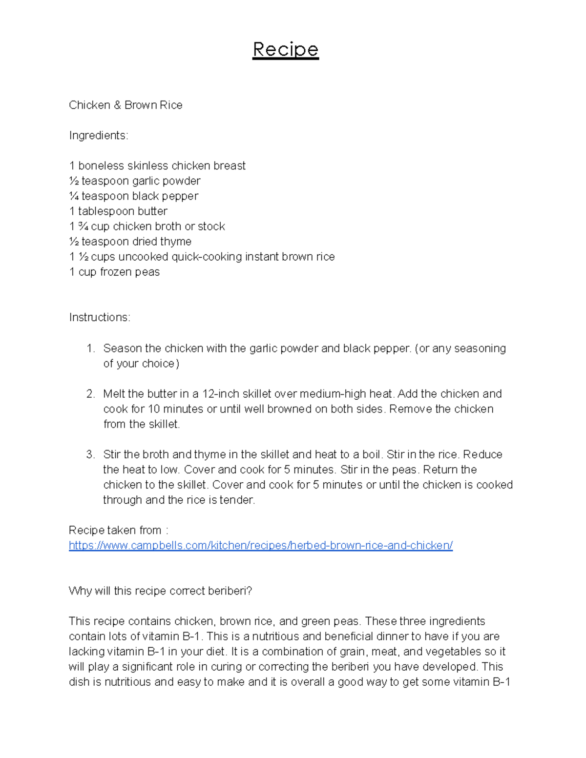 Psyb30 - ASSIGNMENT 3 - Recipe Chicken & Brown Rice Ingredients: 1 ...