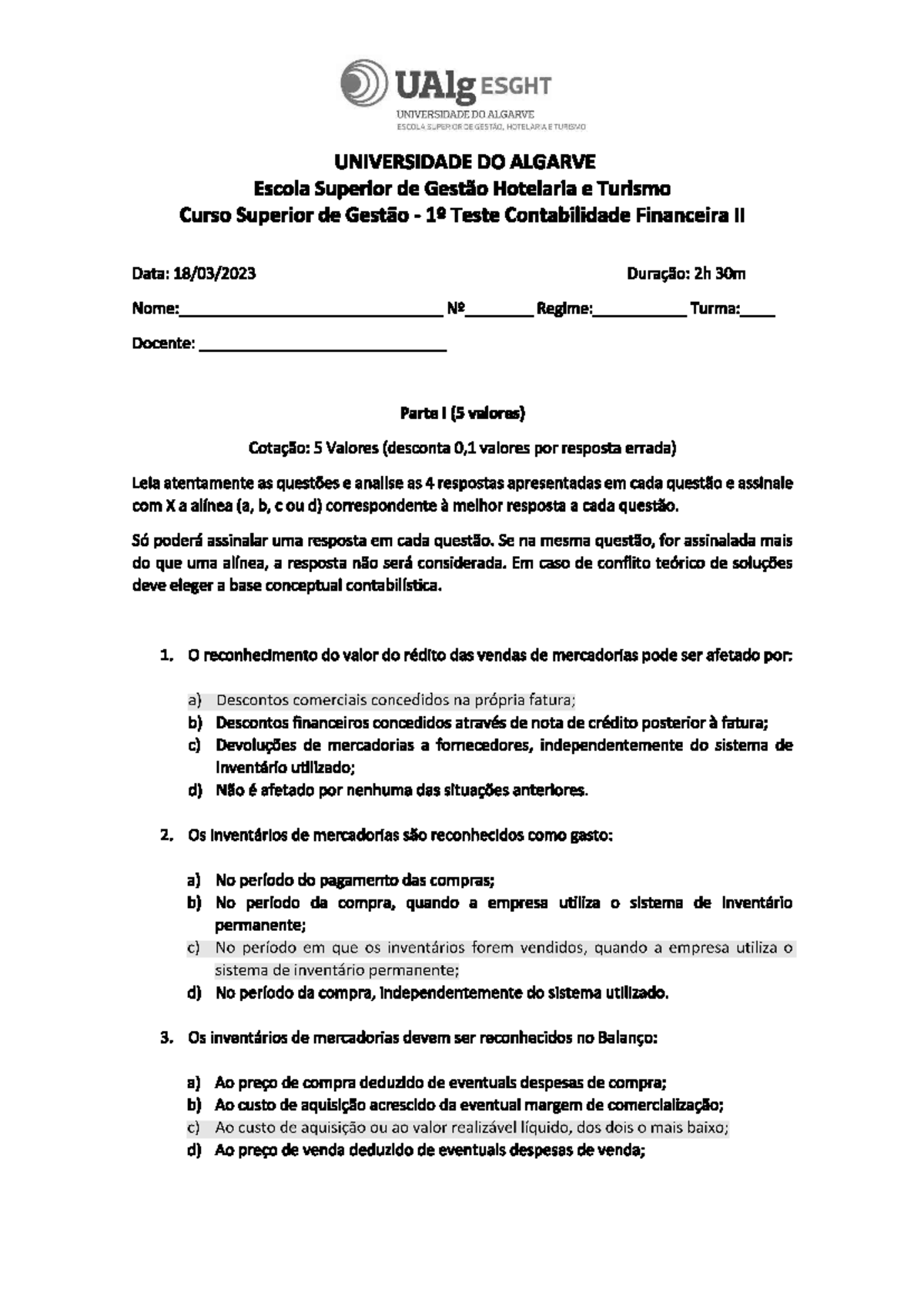 Teste 23/05 aaaa - UAlg ESGHT UNIVERSIDADE DO ALGARVE ESCOLA SUPERIOR ...