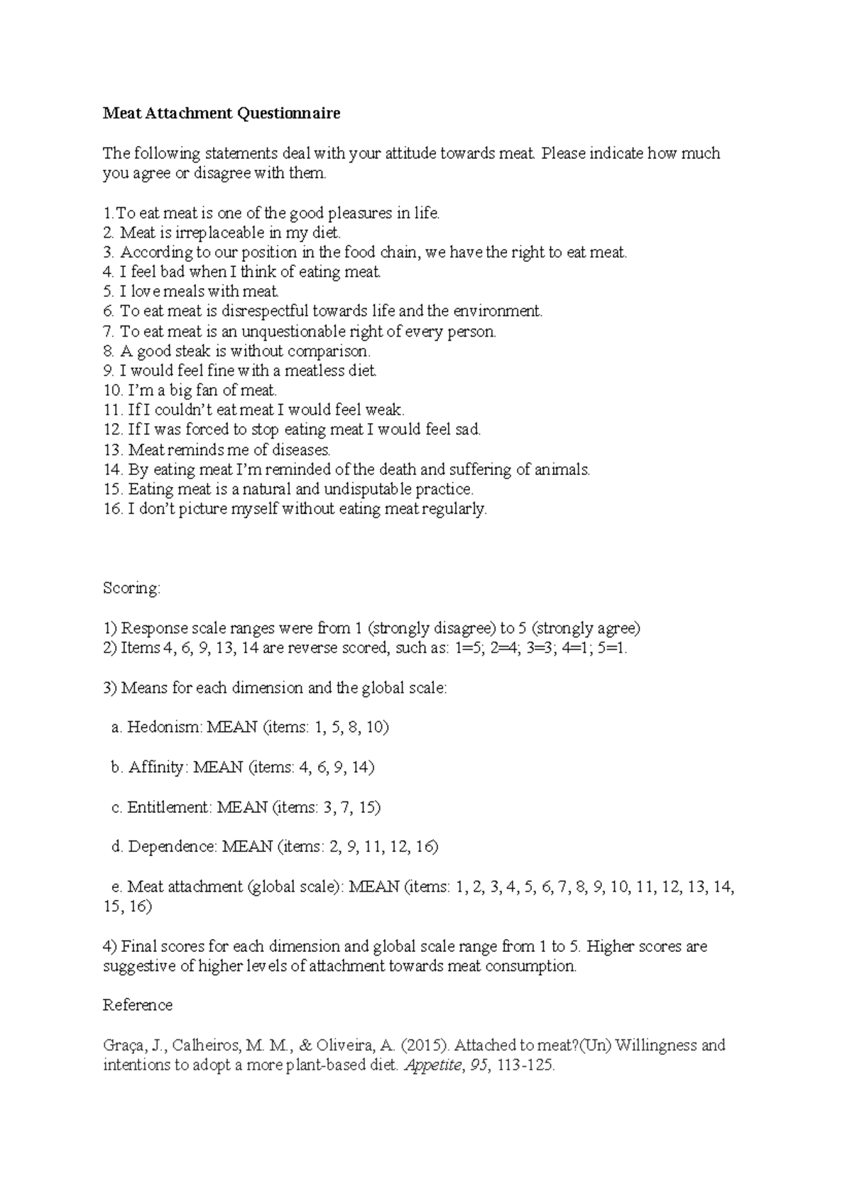 Meat Attachment Questionnaire - Please indicate how much you agree or ...