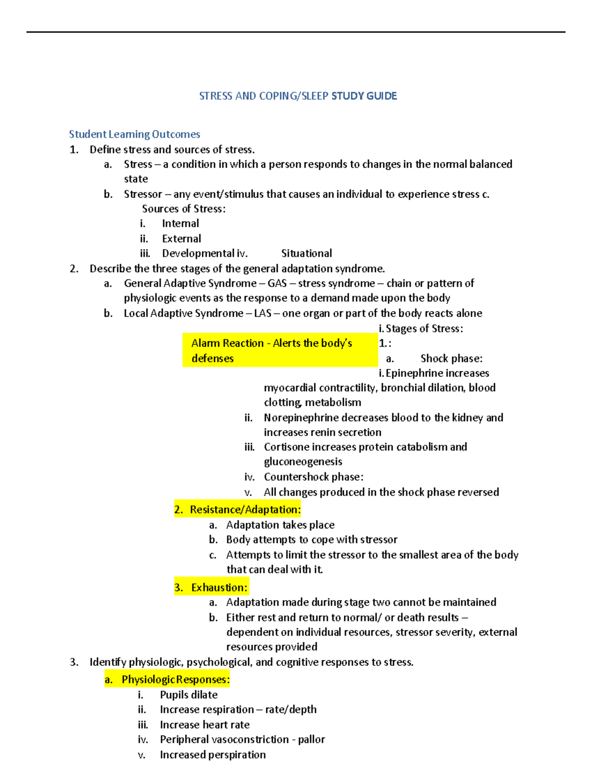 Stress Coping Sleep Outcomes Study Guide - STRESS AND COPING/SLEEP ...
