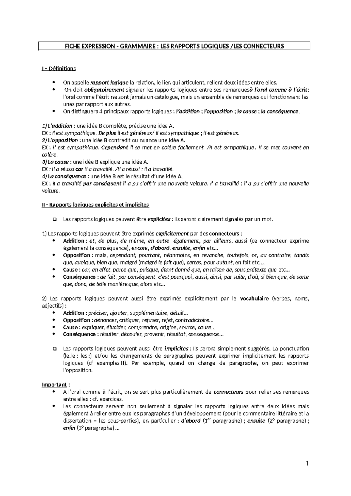 AP les rapports logiques 1ère Gnle - FICHE EXPRESSION - GRAMMAIRE : LES ...
