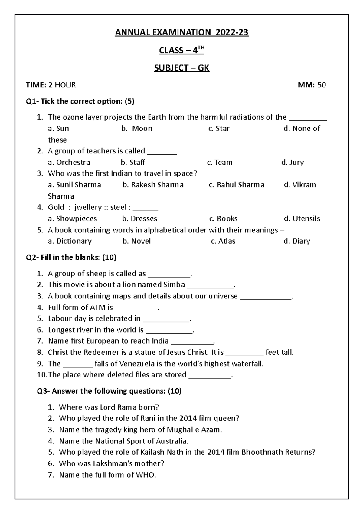 4th gk annual exam - kkoouyyh - ANNUAL EXAMINATION 2022- CLASS – 4TH ...