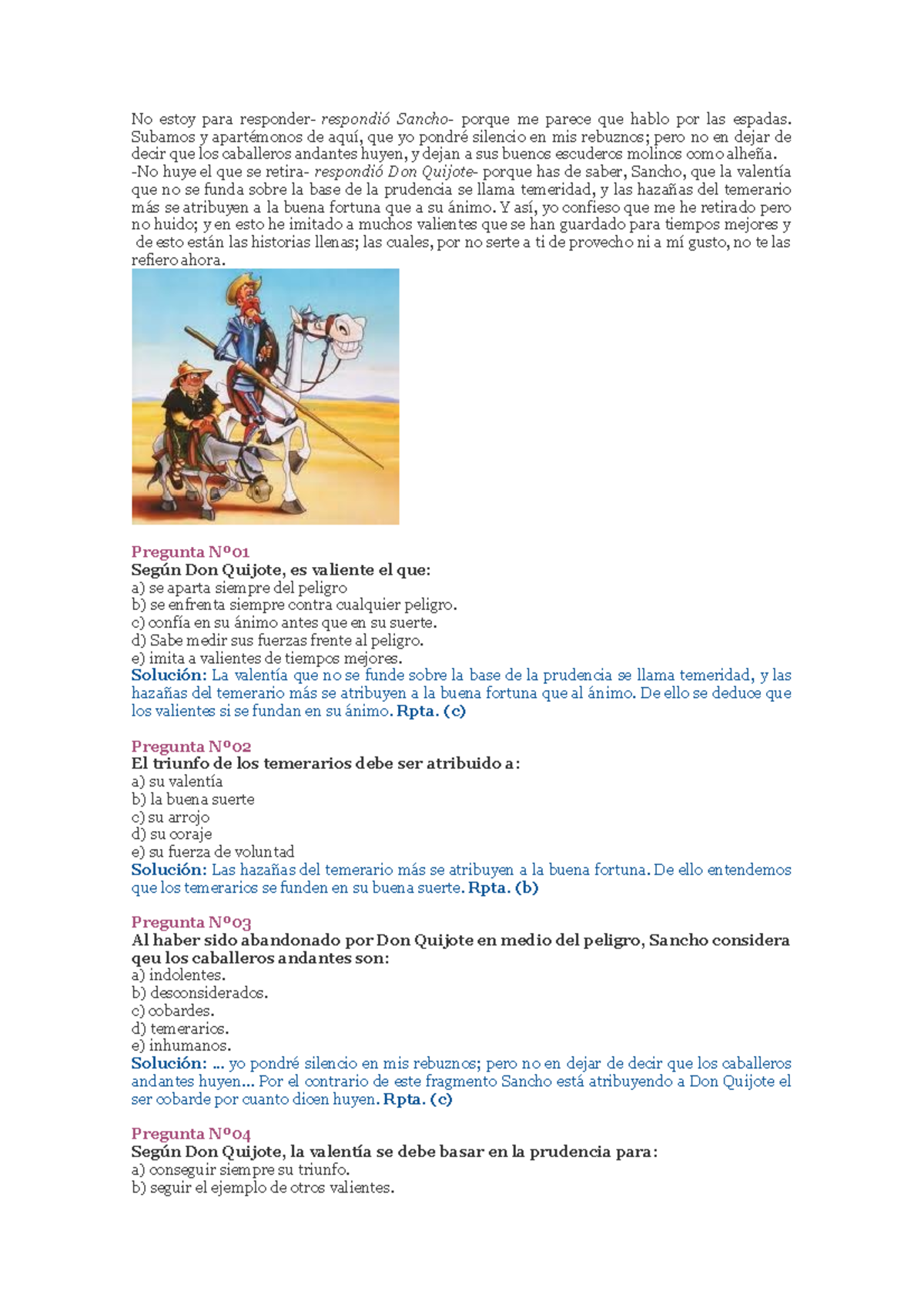 Don Quijote comprensión - No estoy para responder- respondió Sancho ...