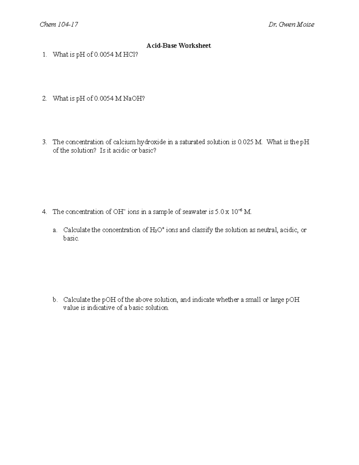 Chem 104 Work Sheet acid base with worked answers - Acid-Base Worksheet ...