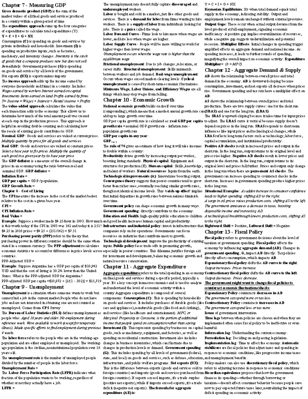 ECON 1002 - Cheat Sheet - Chapter 7 - Measuring GDP Gross domestic ...