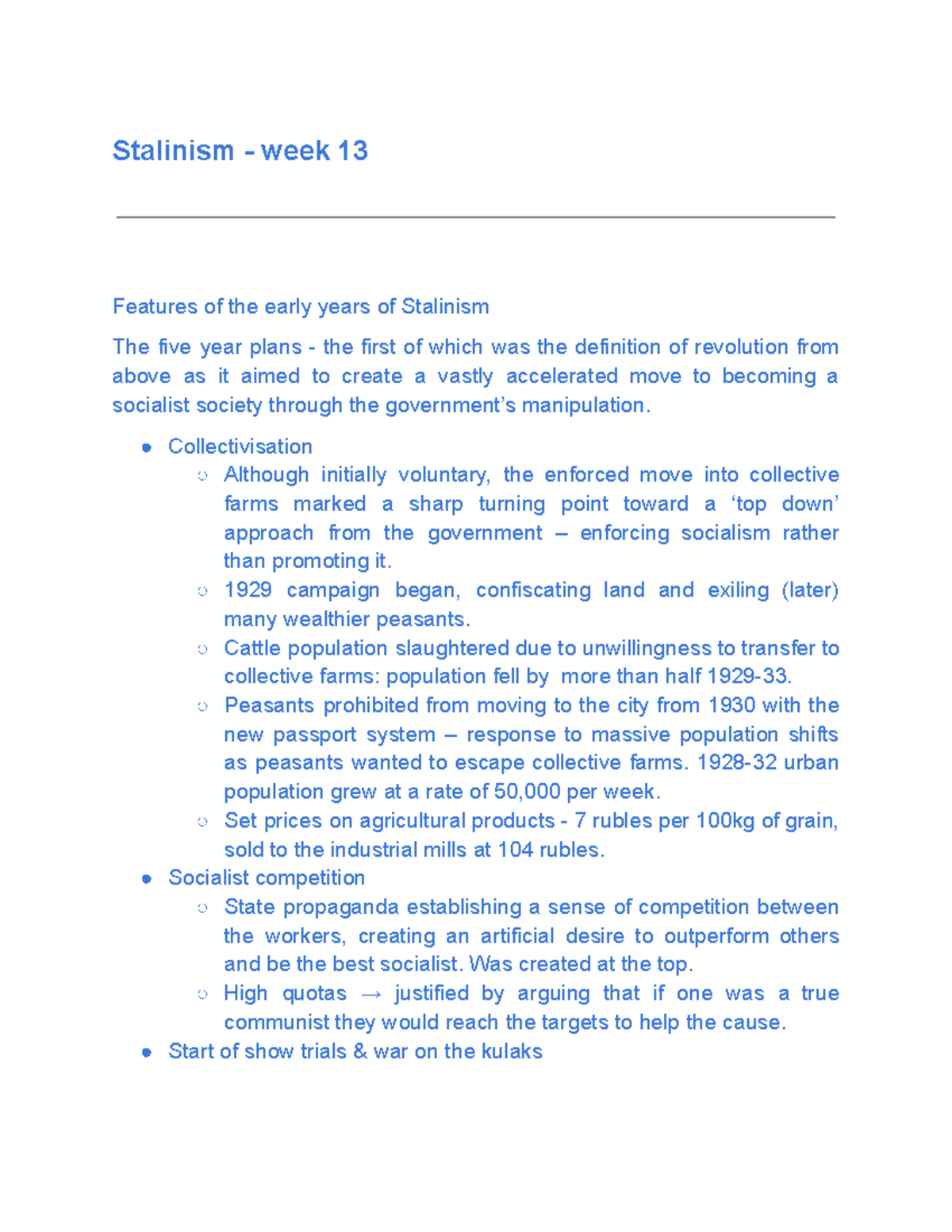 Notes on Stalin and Stalinism. Week 13. Context, ideology and culture ...