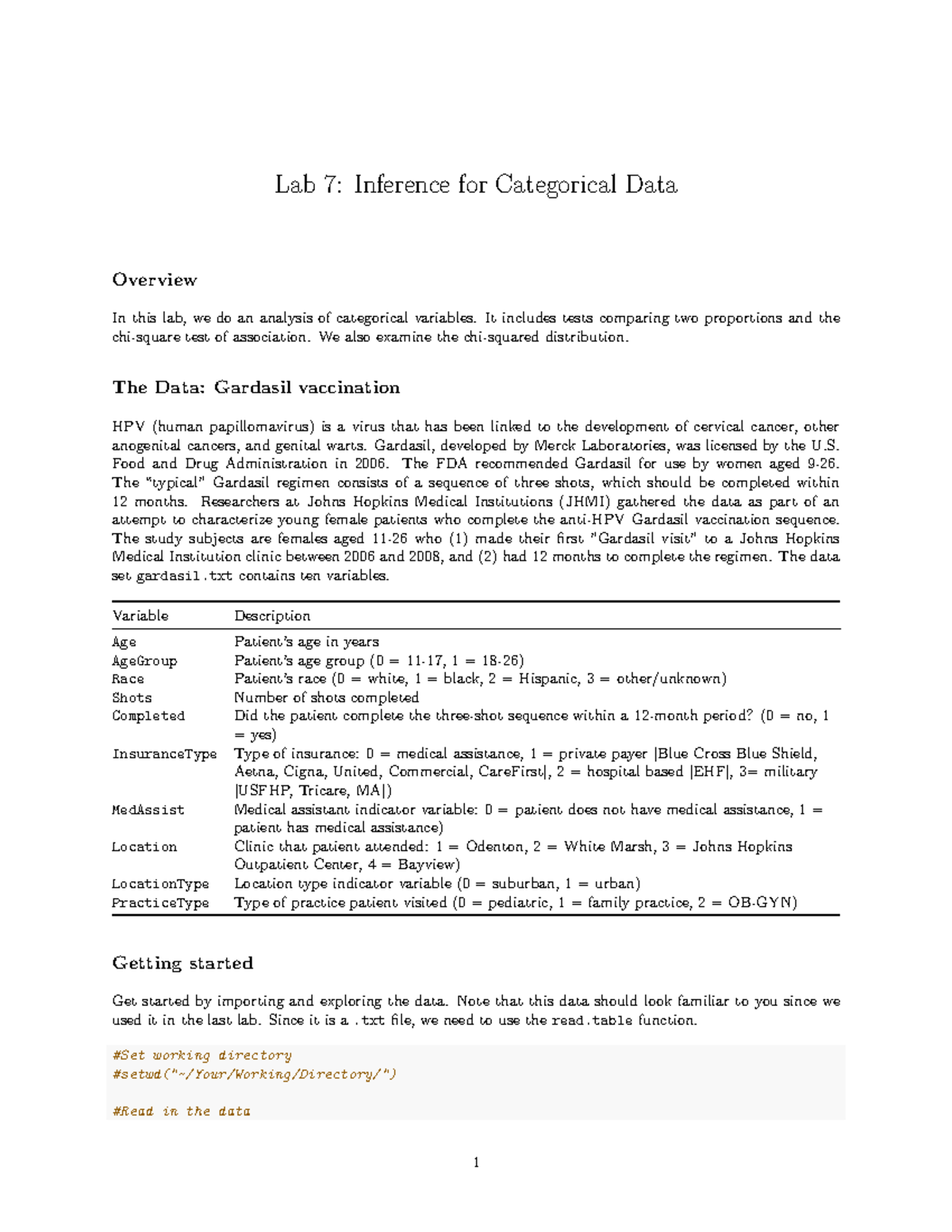 Lab7 Manual - The - Lab 7: Inference for Categorical Data Overview In this lab, we do an ...