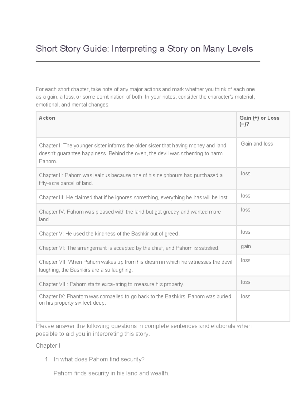 01.16 Honors Love of Things - Short Story Guide: Interpreting a Story ...