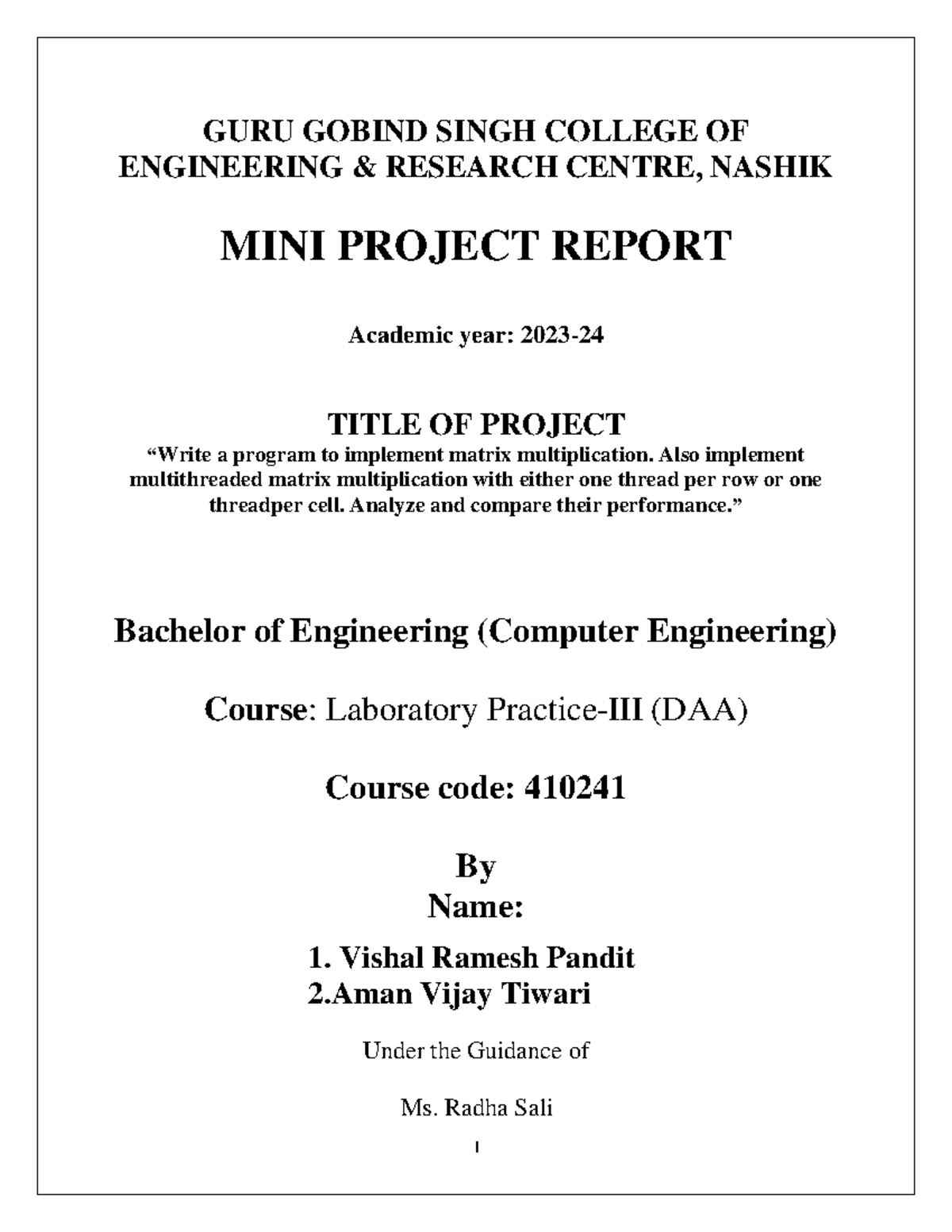 DAA Mini project - GURU GOBIND SINGH COLLEGE OF ENGINEERING & RESEARCH CENTRE, NASHIK MINI - Studocu