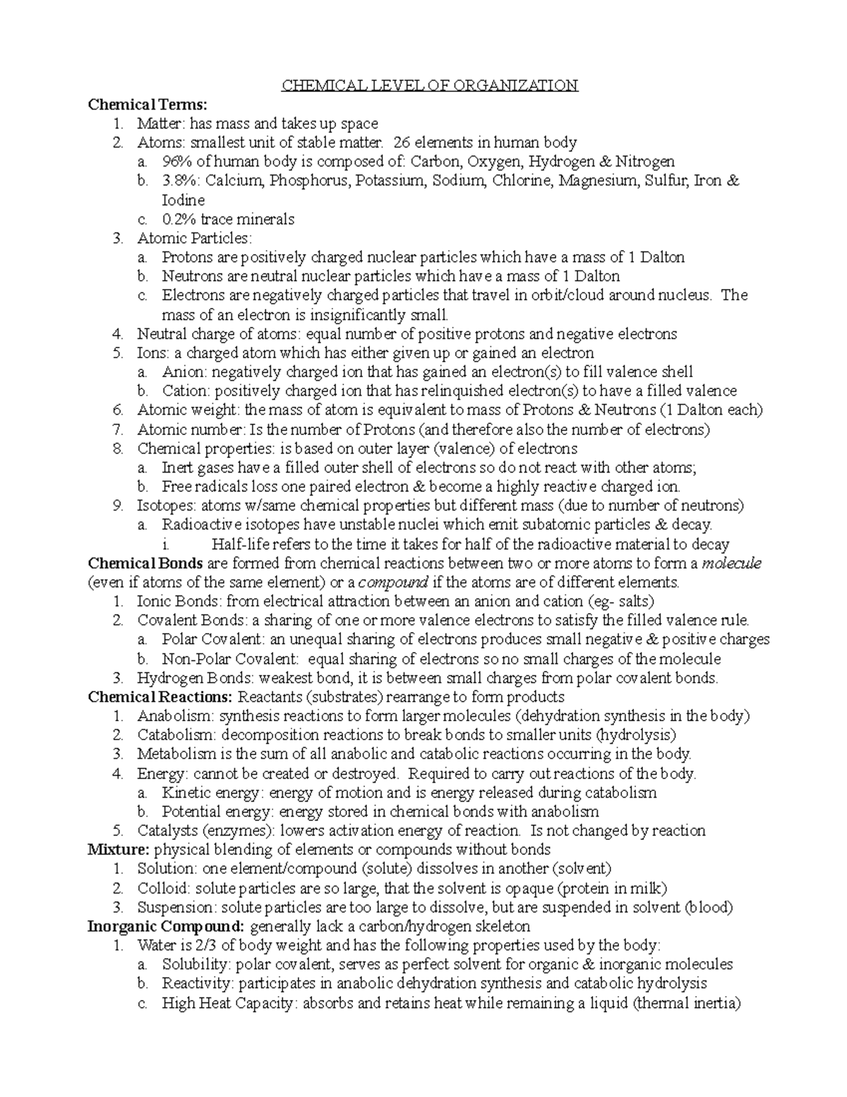 Chemical level outline - CHEMICAL LEVEL OF ORGANIZATION Chemical Terms ...