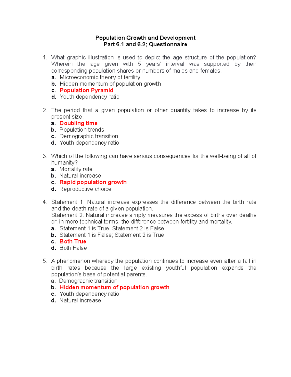 Economic Development Questionnaire - Population Growth and Development ...