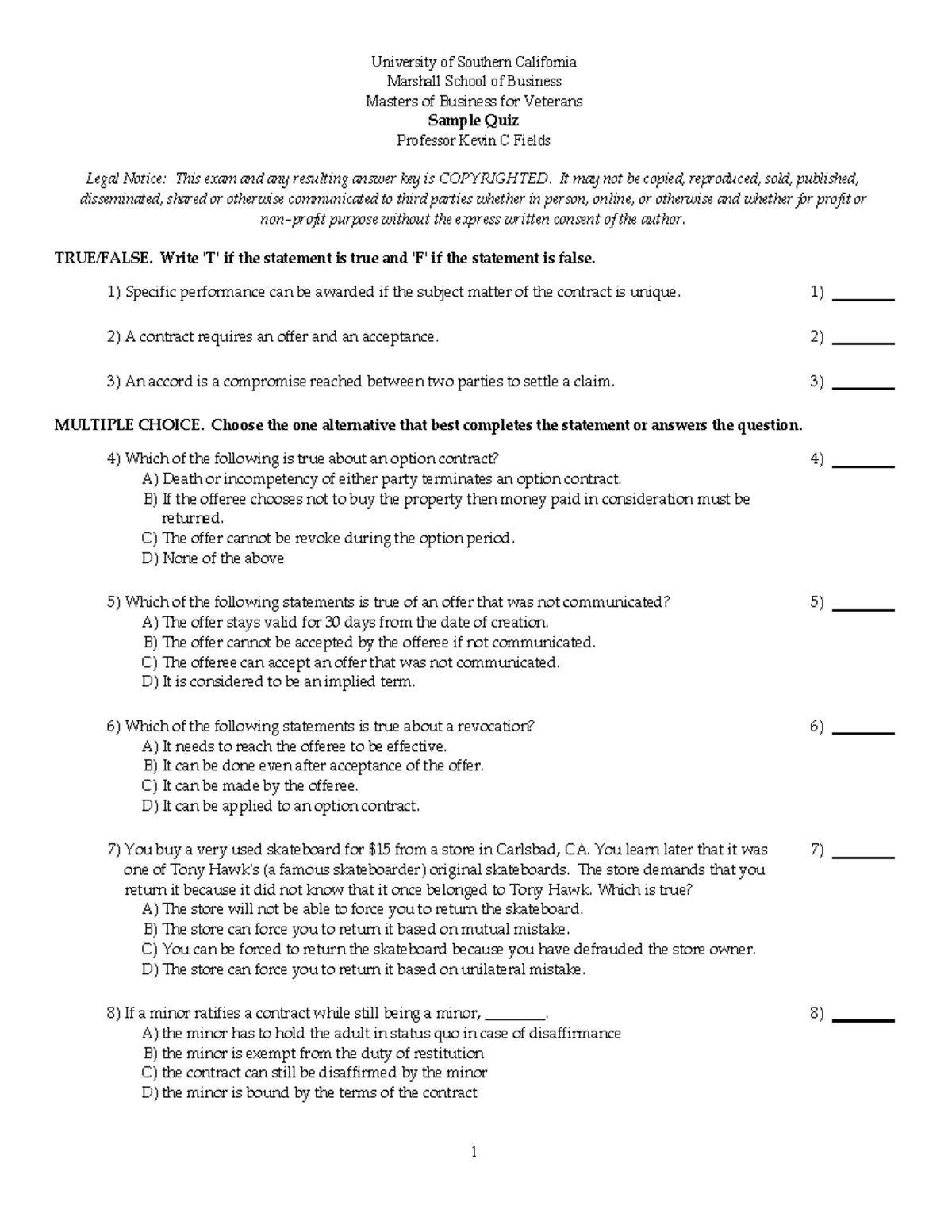 Sample Quiz (Contracts) - University of Southern California Marshall ...