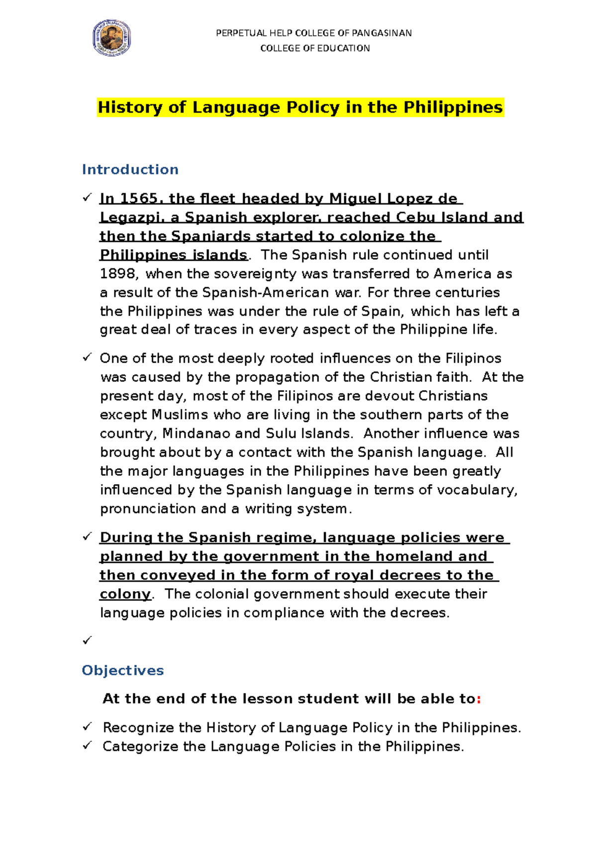 History OF Language Policy IN THE Philippines History Of Language 