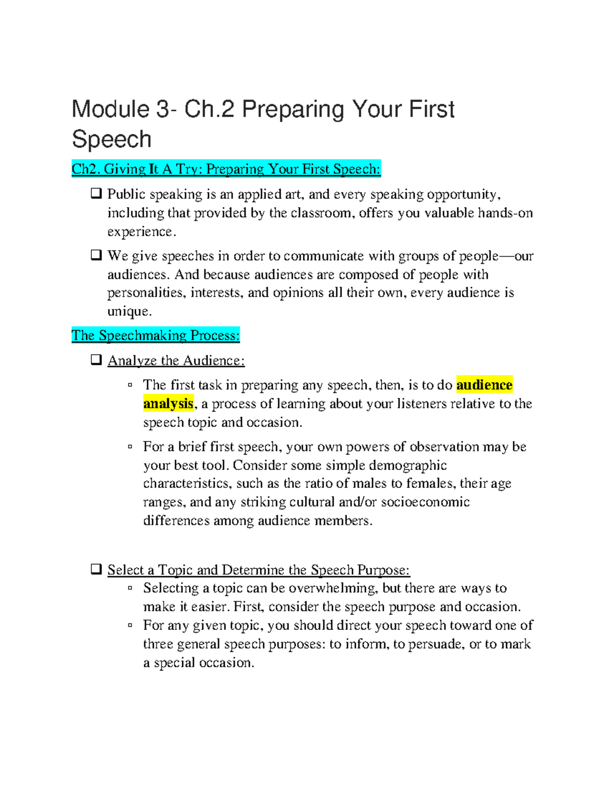 Public Speaking Notes 4 - Module 3- Ch Preparing Your First Speech Ch2 ...