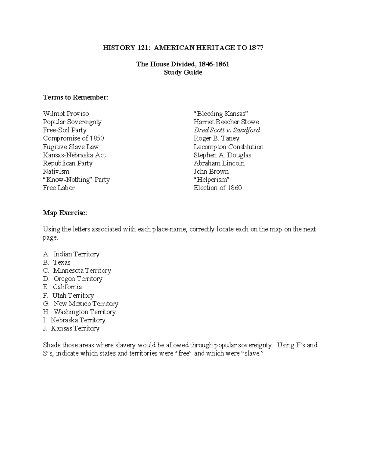 History 121 Study Guide 14A - HISTORY 121: AMERICAN HERITAGE TO 1877 ...