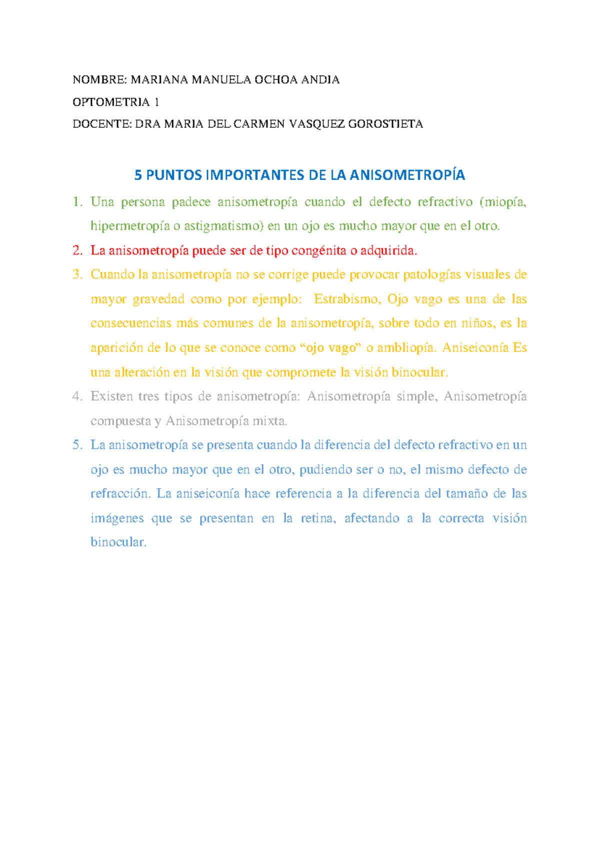 Anisometria - NOMBRE: MARIANA MANUELA OCHOA ANDIA OPTOMETRIA 1 DOCENTE ...