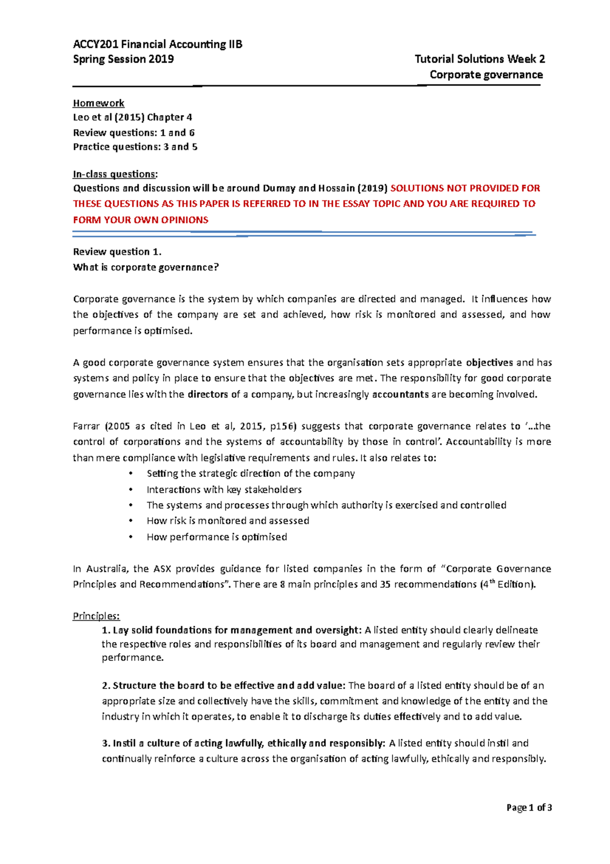 W2 Tutorial solutions Leo et al questions only - ACCY201 Financial Accounting IIB Spring Session ...