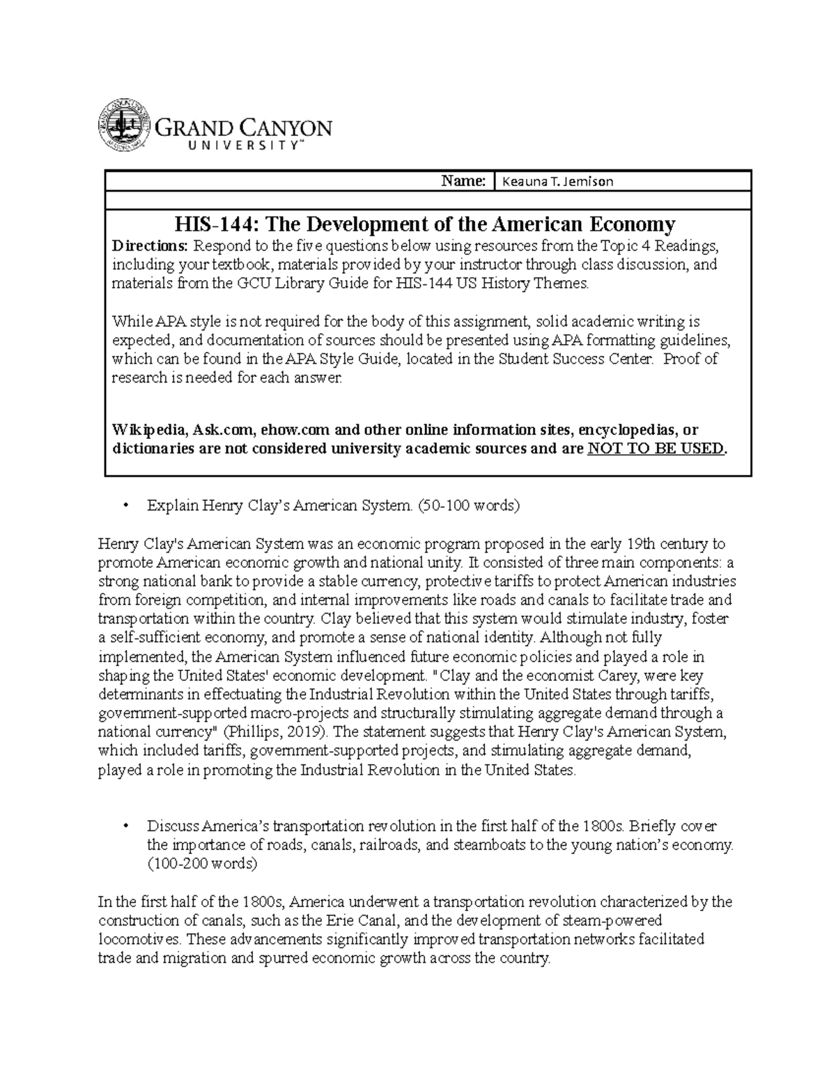 HIS-144-T4 Development of the American Economy Worksheet - Name: Keauna ...