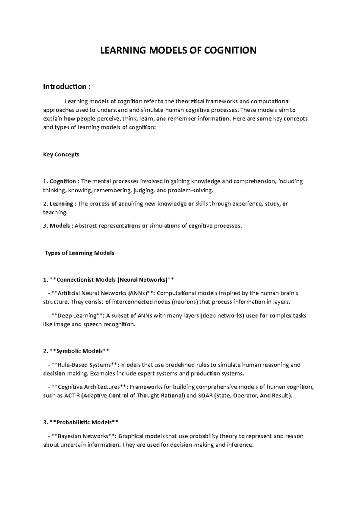 Learning Models Of Cognition Learning Models Of Cognition Introduction Learning Models Of