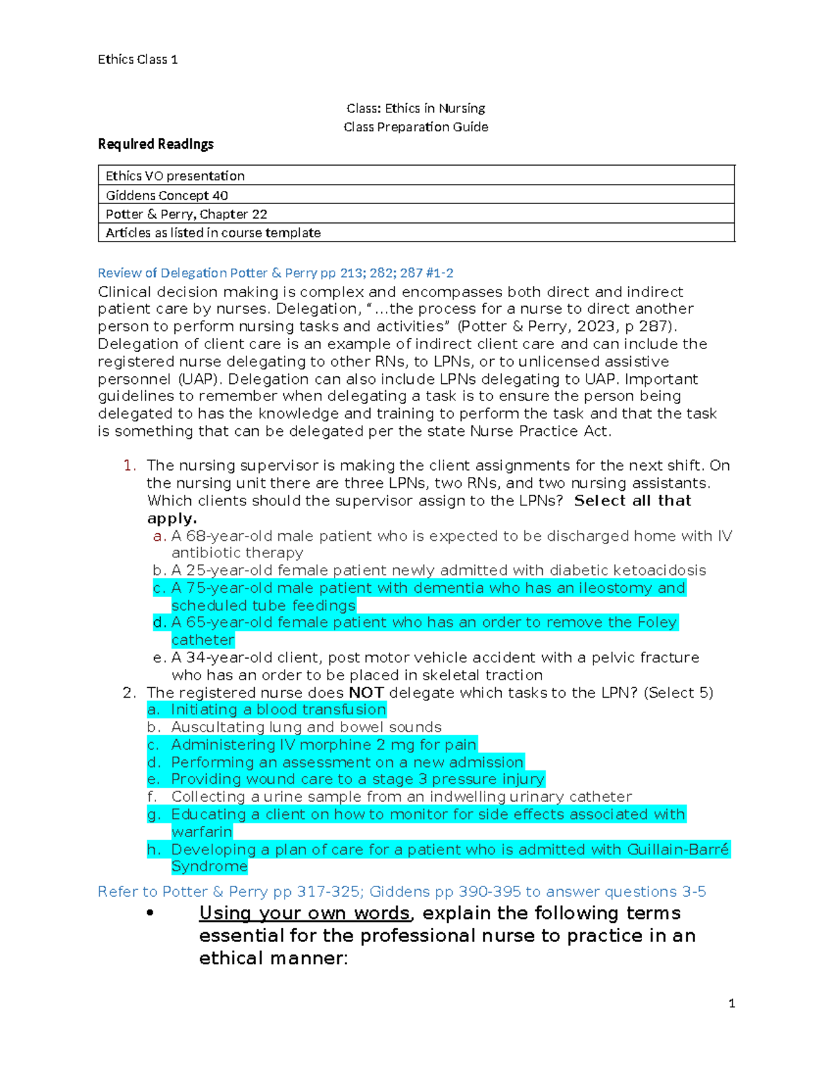 Ethics Prep Guide - Class: Ethics in Nursing Class Preparation Guide ...