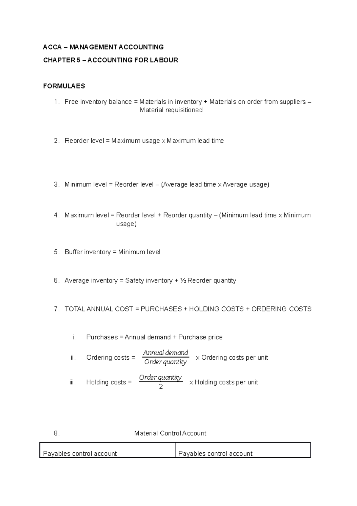 FMA CHAP 5 Formulae - ACCA – MANAGEMENT ACCOUNTINGCHAPTER 5 ...