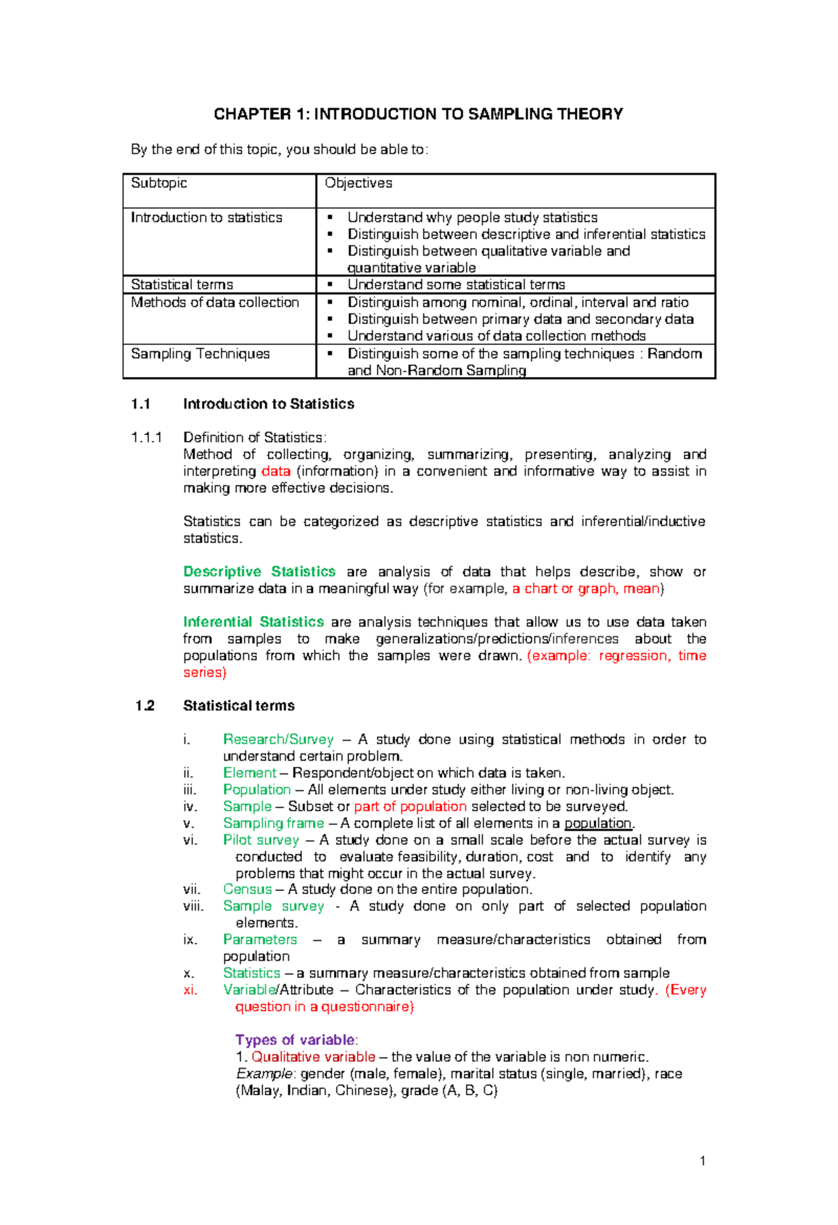 Chapter 1 STA104 - ….. - CHAPTER 1: INTRODUCTION TO SAMPLING THEORY By ...