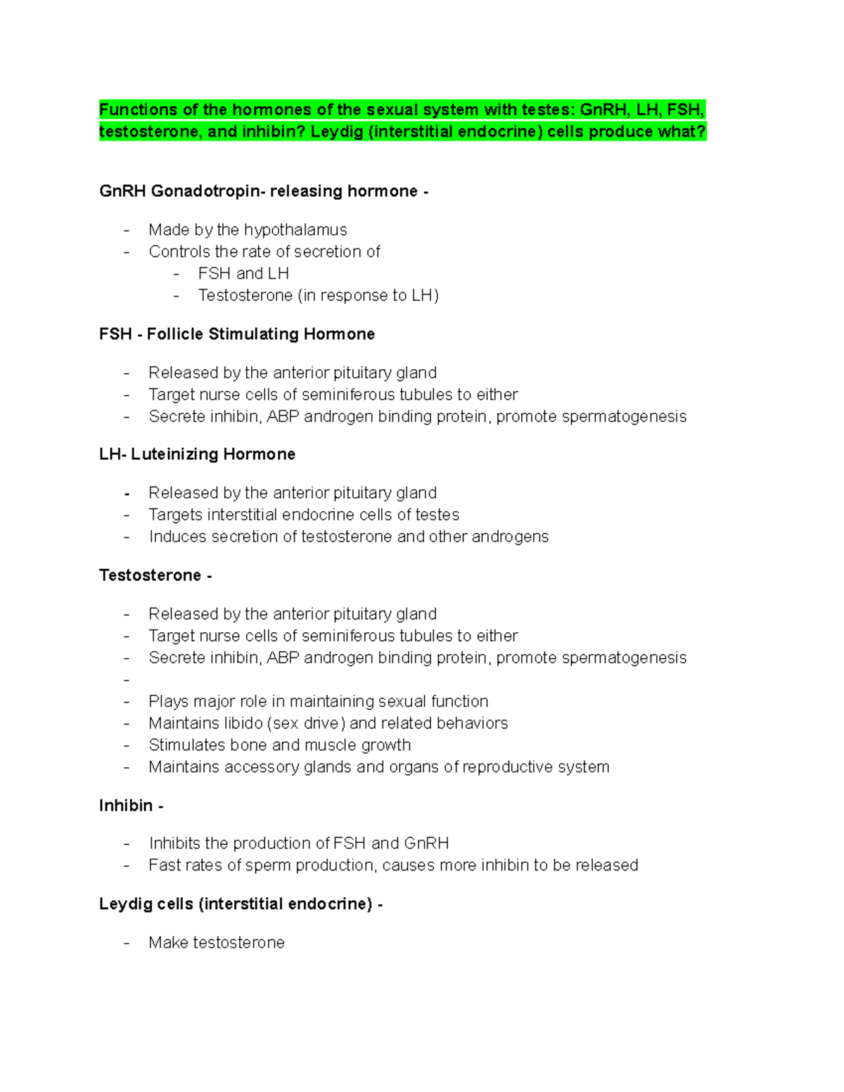 Functions Of The Hormones Of The Sexual System With Testes Gn Rh Lh
