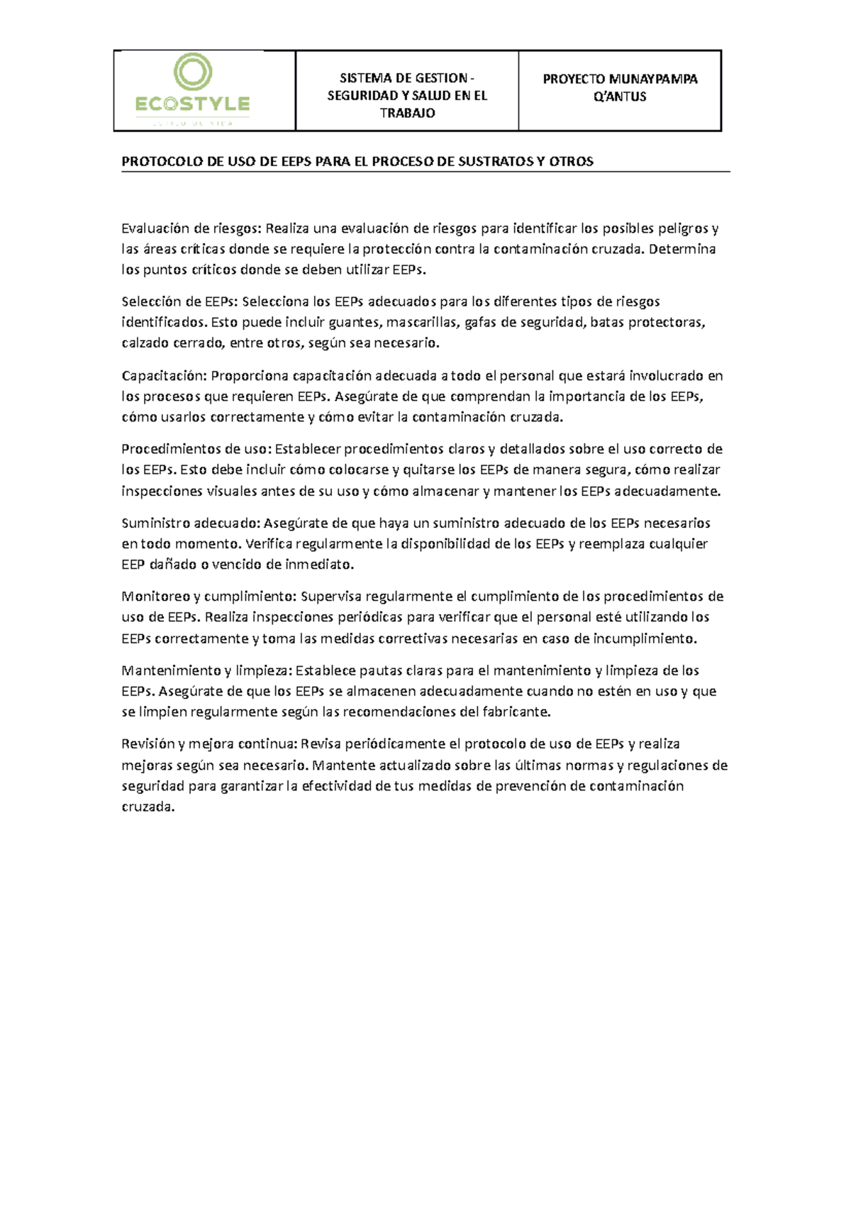 Protocolo DE USO DE EEPS PARA EL Proceso DE Sustratos Y Otros - SISTEMA DE GESTION - SEGURIDAD Y ...