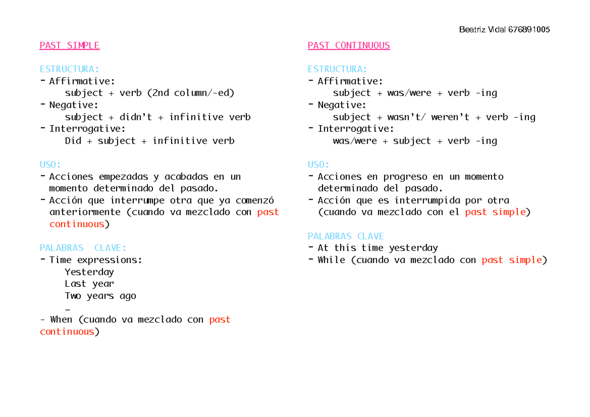 Past simple past continuous - Beatriz Vidal 676891005 PAST SIMPLE ...