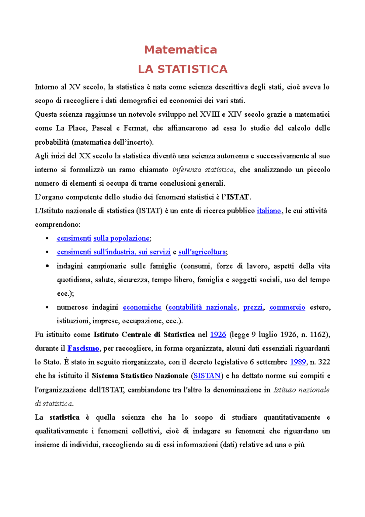 Matematica - Riassunto Statistica - Matematica LA STATISTICA Intorno al ...