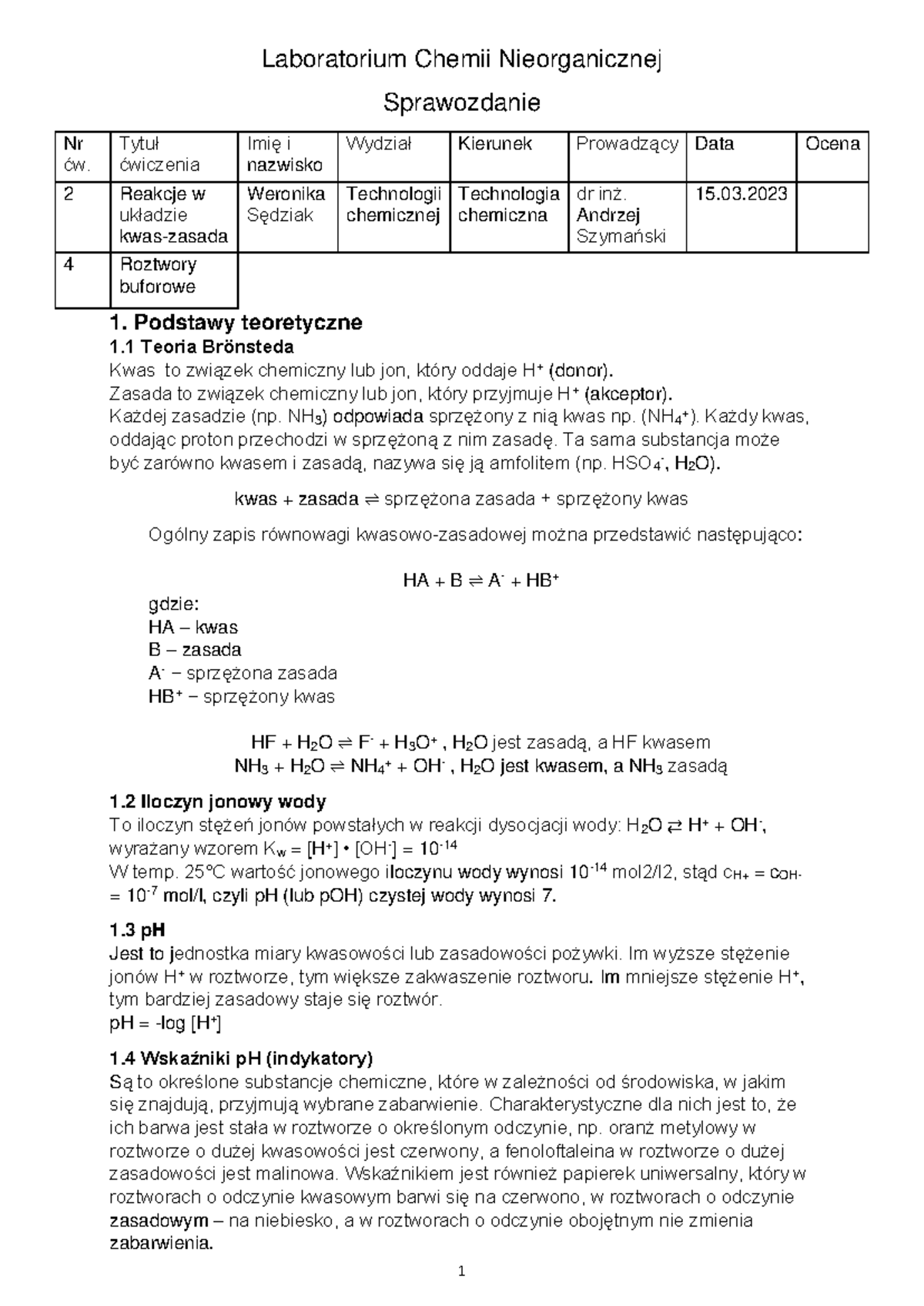 Sprawozdanie ćw 2 i 4 - Laboratorium Chemii Nieorganicznej Sprawozdanie 1. Podstawy teoretyczne ...
