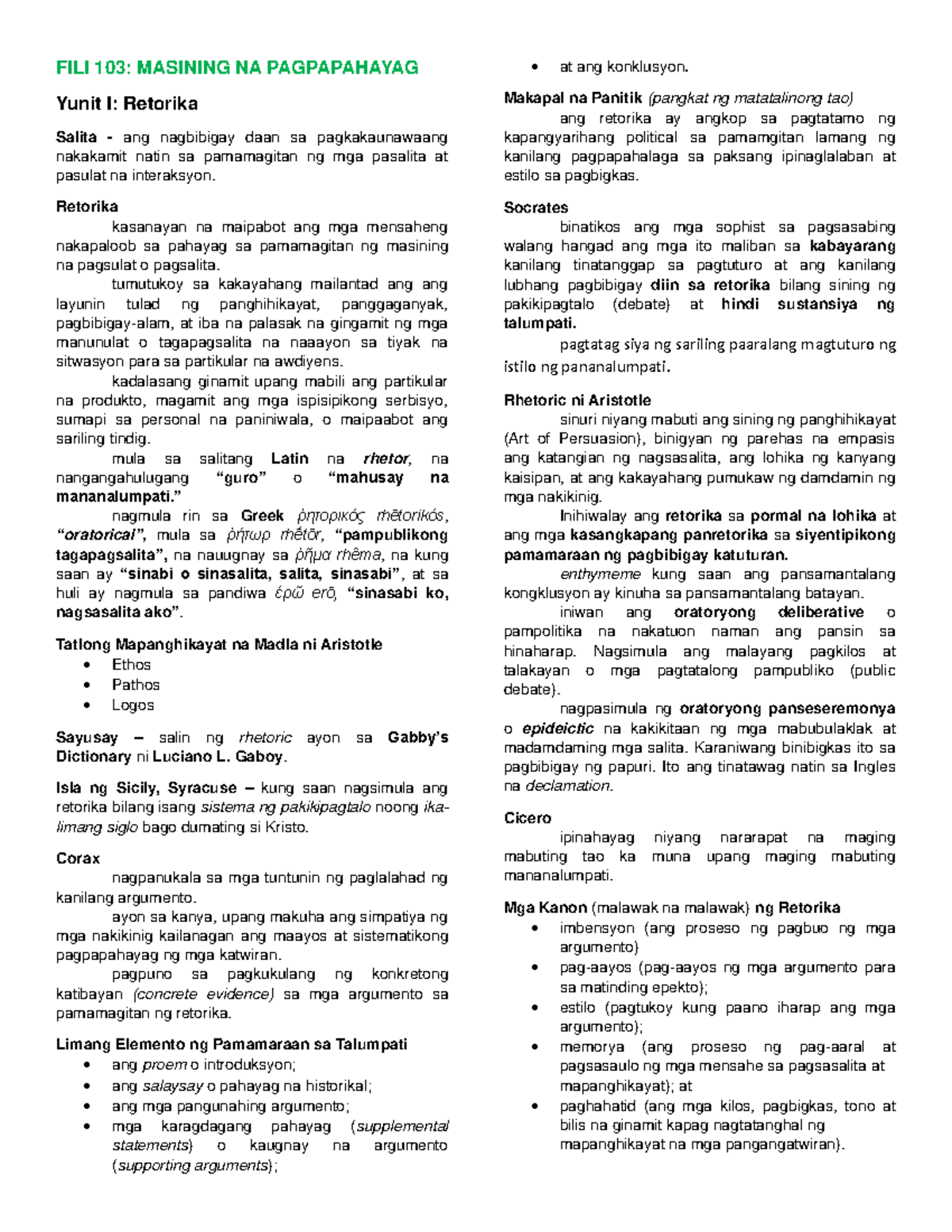 FILI-103-Rebyuwer - Reviewer - FILI 103: MASINING NA PAGPAPAHAYAG Yunit I: Retorika Salita - ang ...