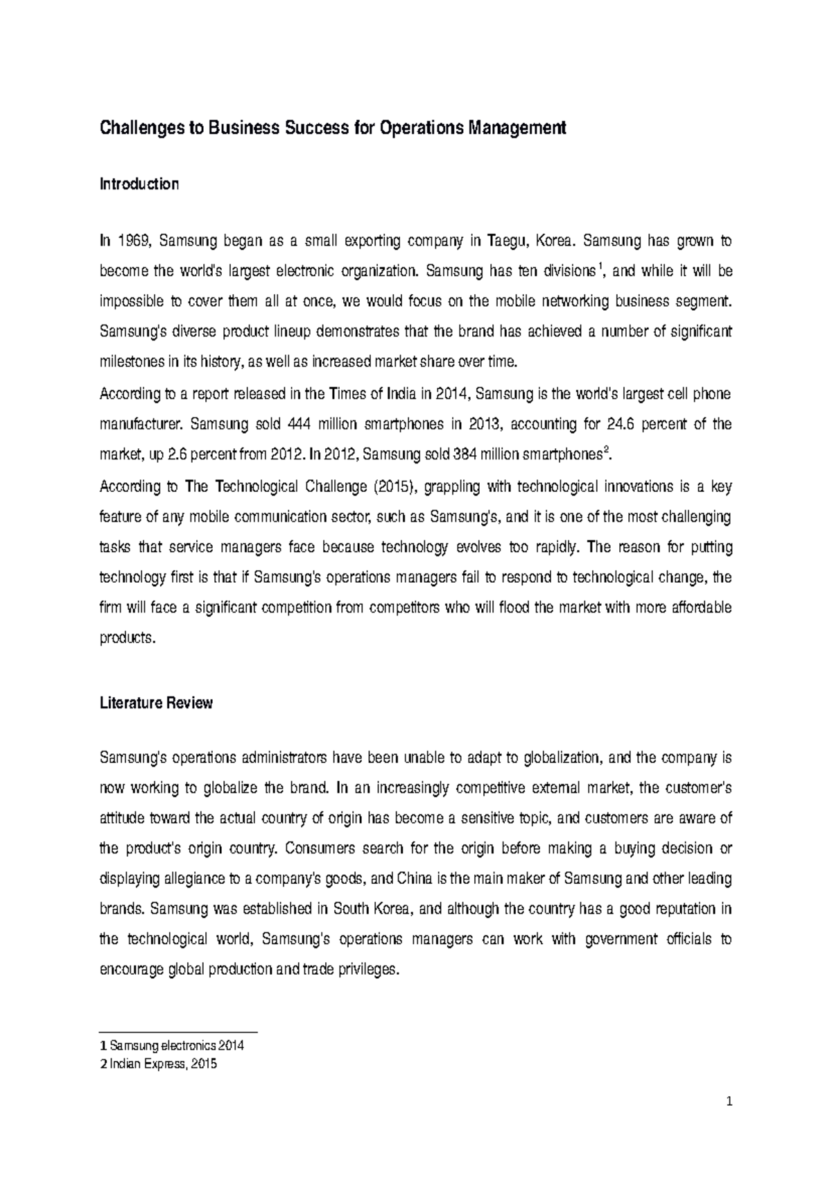 Assignment 3 - Challenges to Business Success for Operations Management ...