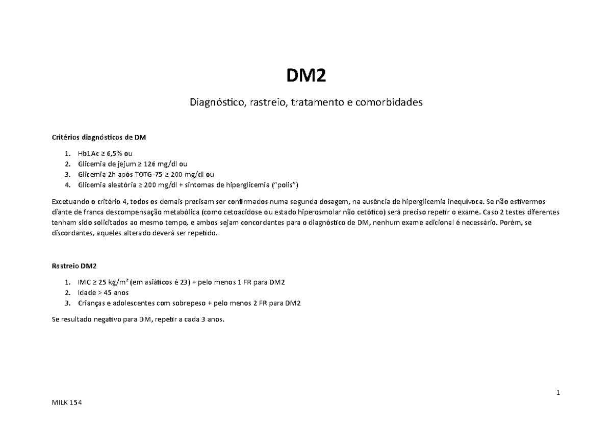 DM2 - resumo dm2 - DM Diagnóstico, rastreio, tratamento e comorbidades ...