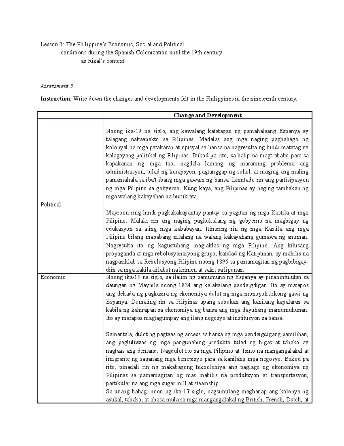 Changes and developments felt in the Philippines in the nineteenth ...