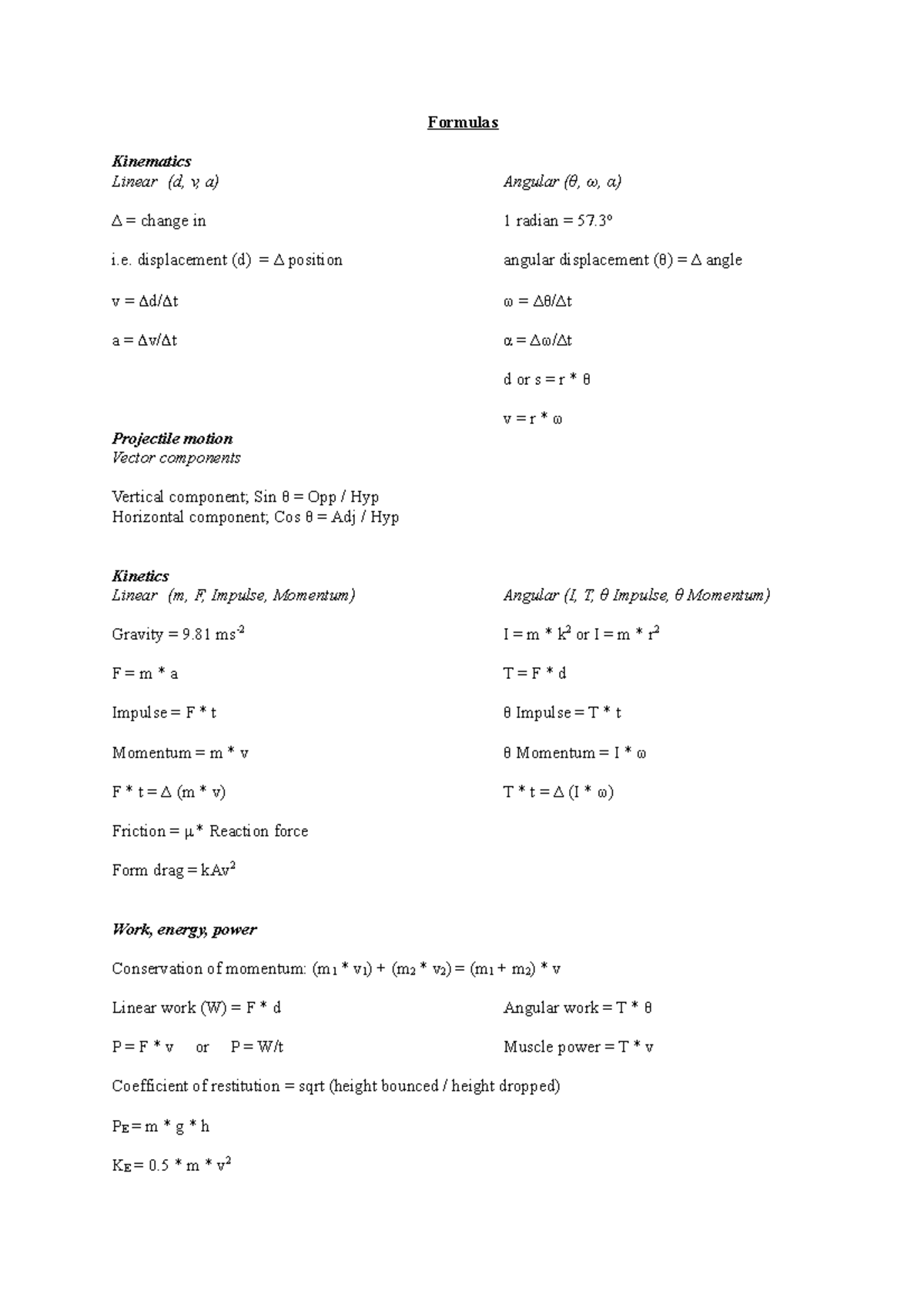 Formulas - Formula sheet - Formulas Kinematics Linear (d, v, a) Angular ...