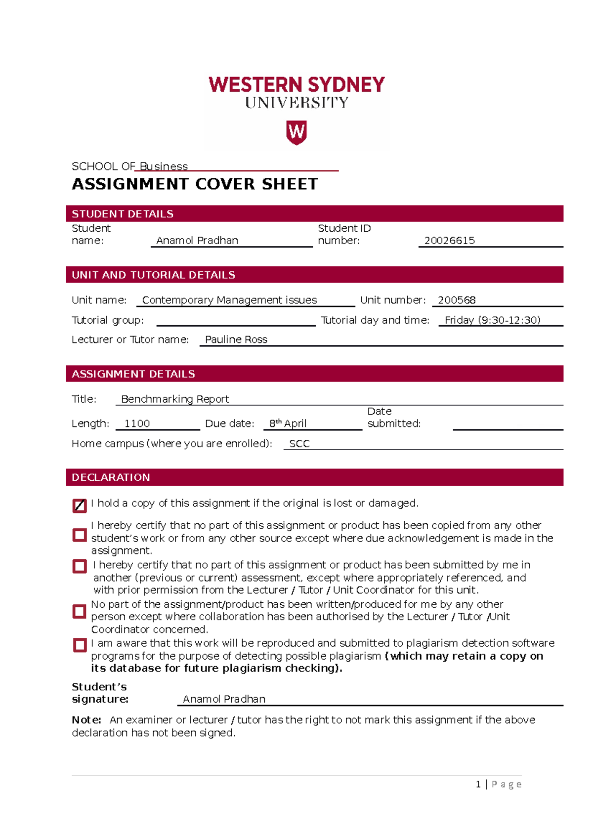 Matrix 1 (Auto Recovered) - SCHOOL OF Business ASSIGNMENT COVER SHEET ...
