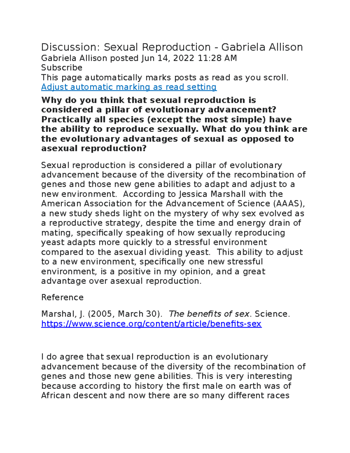 Week 4 Discussion Responses Sexual Reproduction - Discussion: Sexual ...