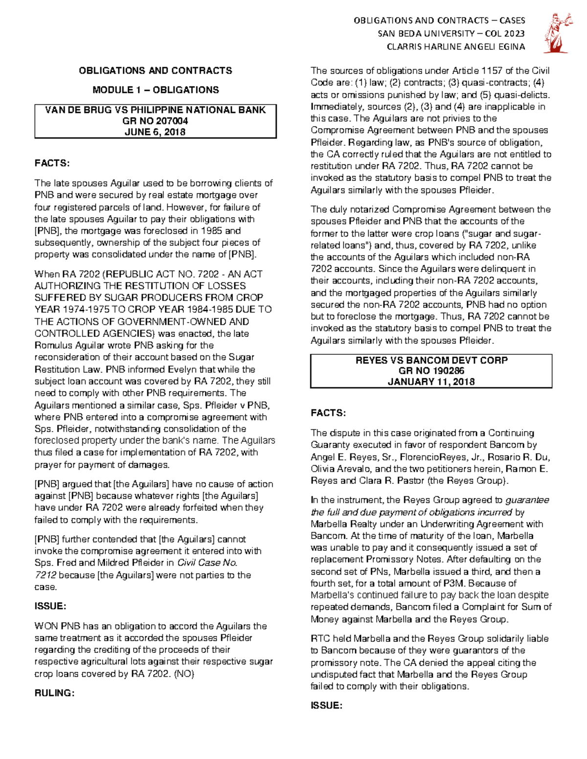 Oblicon Module 1 CASE Digest - SAN BEDA UNIVERSITY – COL 2023 CLARRIS ...