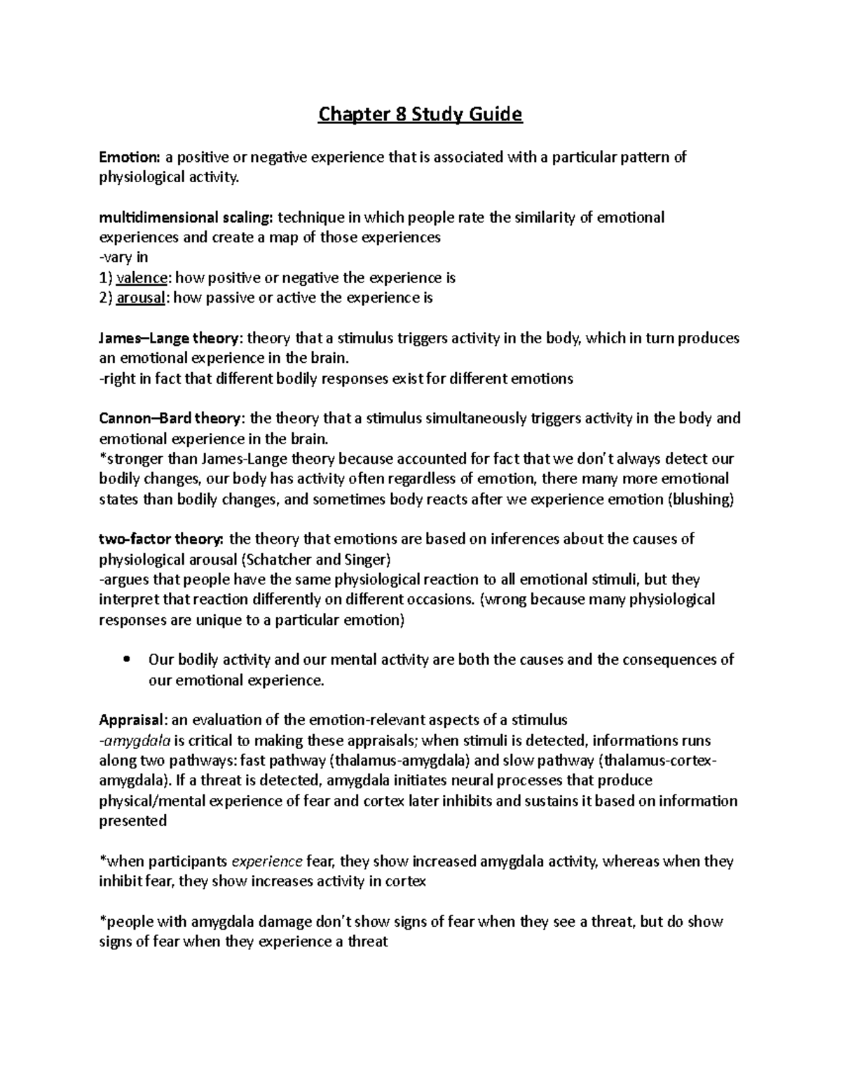 Chapter 8 Study Guide - Chapter 8 Study Guide Emotion: a positive or ...