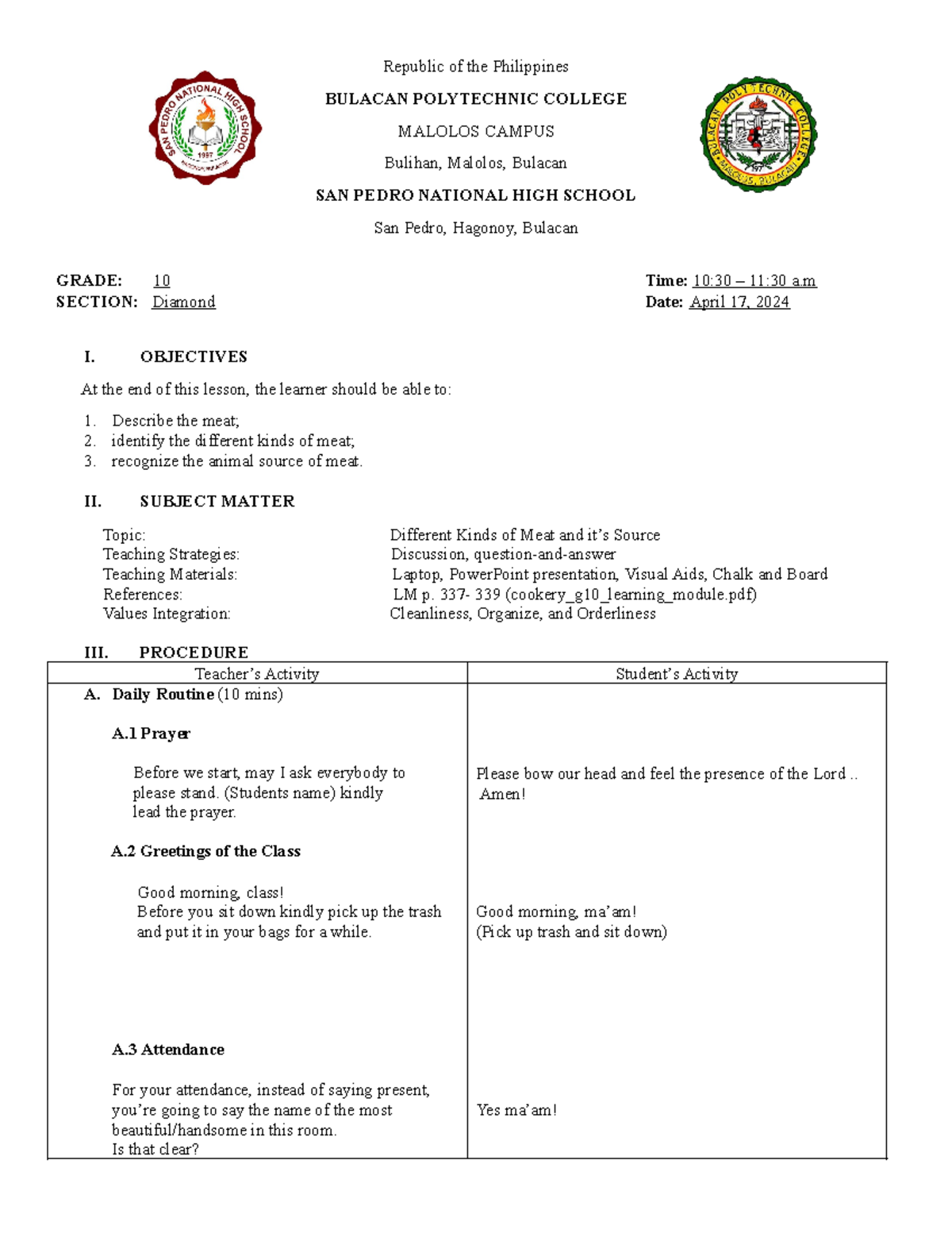 Grade 10 dlp Revised - Practicum needs - BULACAN POLYTECHNIC COLLEGE ...