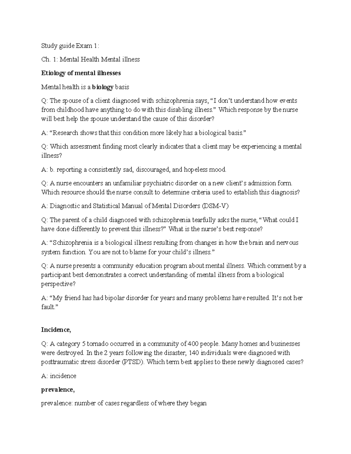 Mental Helath exam 1 - Practice questions - Study guide Exam 1: Ch. 1 ...