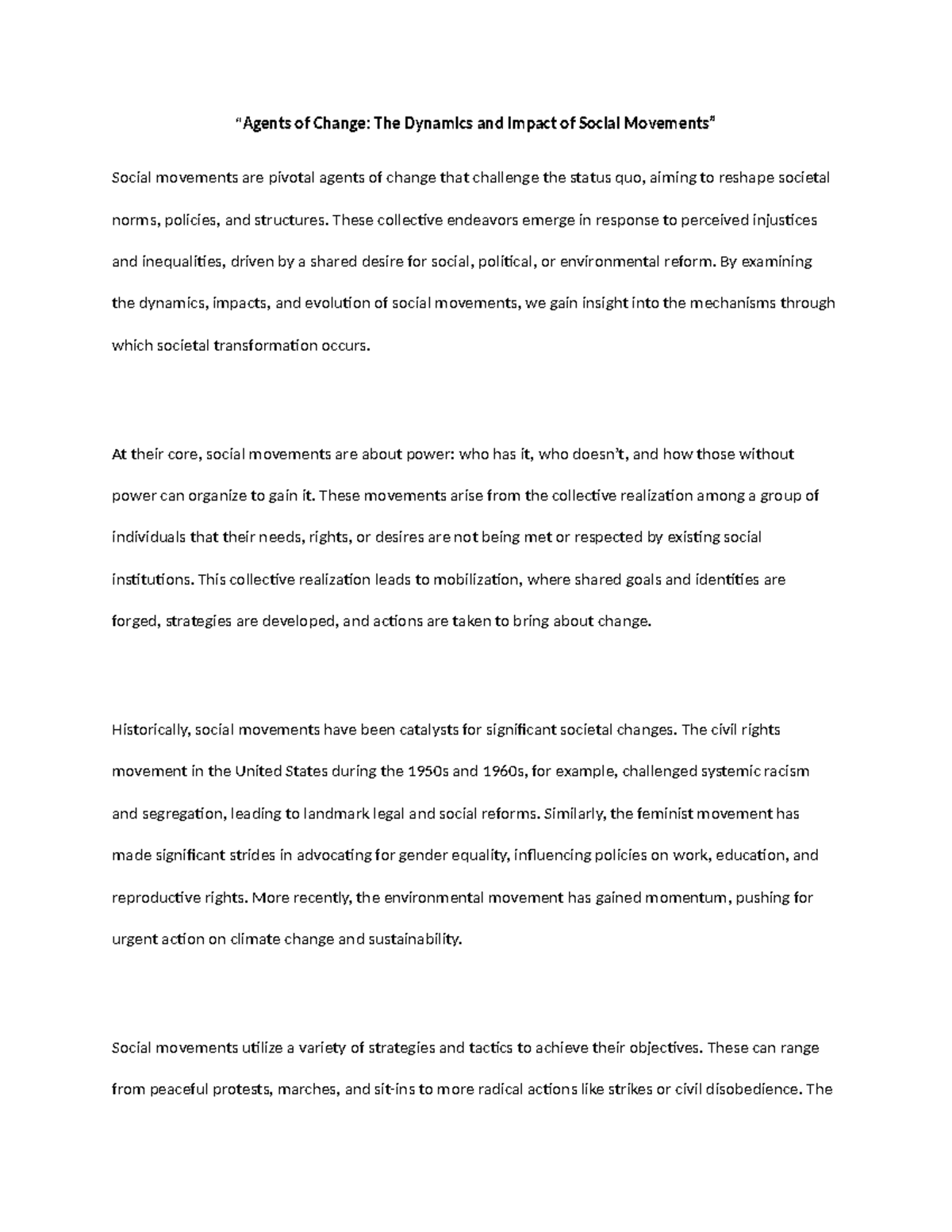 Agents of Change The Dynamics and Impact of Social Movements - “Agents ...