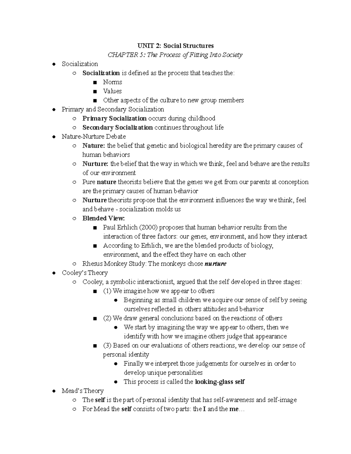Chapter 5 Notes - n/a - UNIT 2: Social Structures CHAPTER 5: The ...