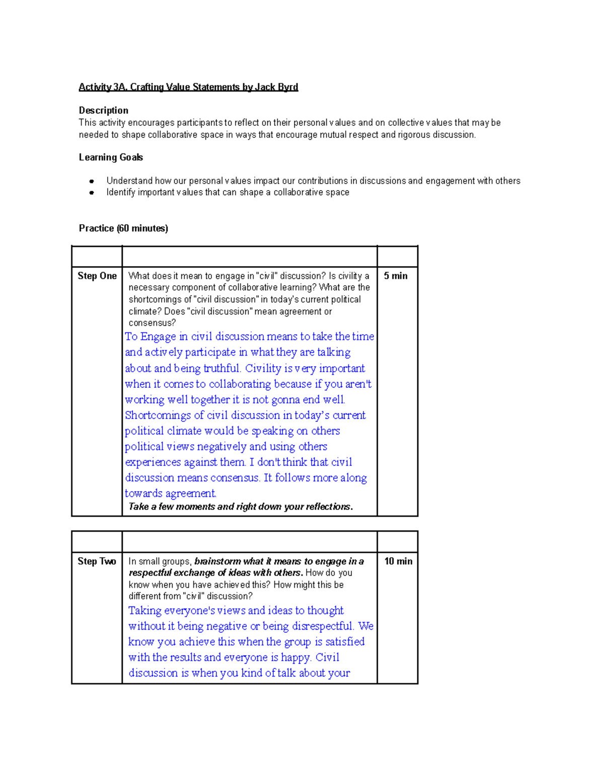 Activity 3A - SCOM 123 -2 - Activity 3A. Crafting Value Statements by ...