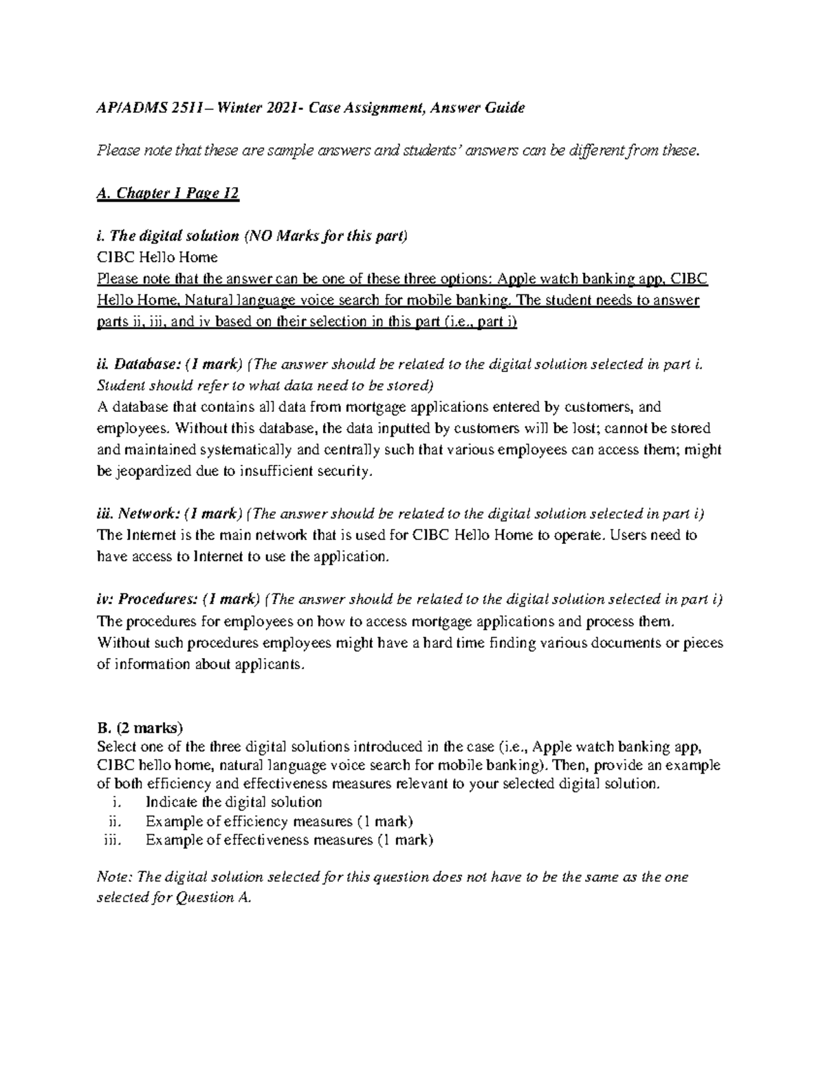 ADMS2511 Winter 2022 Case Assignment Answers - AP/ADMS 2511– Winter ...