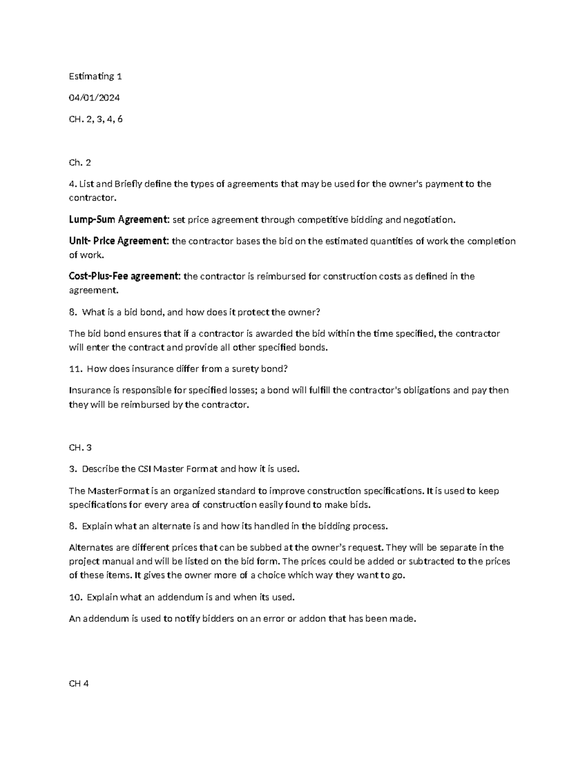 SMR Ch2 3 4 6 - Assigned questions - Estimating 1 04/01/ CH. 2, 3, 4, 6 ...